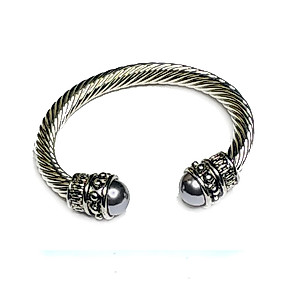 Woke Creations Grand Silver Plated Twisted Cable Bangle Cuff Bracelet Black Pearl Statement Accents