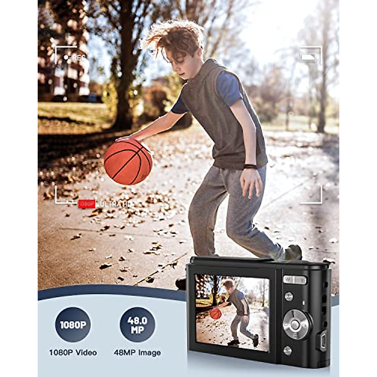 Digital Camera, Zostuic Autofocus 48MP Kids Camera with 32 GB Card 1080P Vlogging Camera with 16X Zoom, Compact Portable Mini Cameras for 4-15 Year Old Kids Children Teen Student Girls Boys(Black)