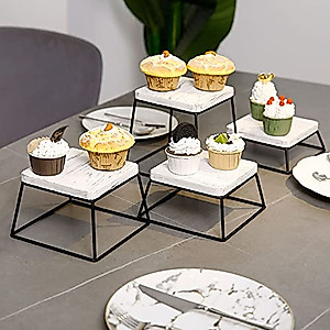MyGift Cake Display Stand, Whitewashed Wood & Black Metal Square Cupcake Stands Dessert Risers/Retail Display Pedestals, Set of 4