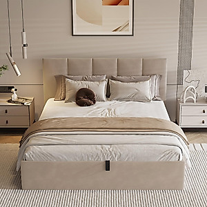 VELOCAVA Queen Size Lift-Up Storage Bed, Hydraulic Linen Upholstered Bed Frame with Vertical Panel Headboard, Wooden Slat Support, No Box Spring Needed, Easy Assembly, Soft Bed, Beige