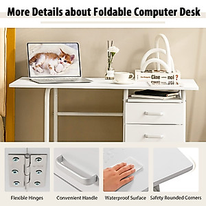 CHEFJOY Folding Computer Desk with 6 Wheels, 41.5" Modern Steel Collapsible Home Office Desk with 3 Storage Drawers, Portable Writing Laptop Desk for Bedroom, Study, Small Space, Home Office, White