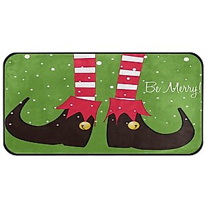 Merry Christmas Green Kitchen Rugs Cartoon Elf's Legs Floor Mats Doormat Non Slip Carpet Door Mat for Entryway Bedroom Living Room Home Decor 39 X 20 Inch
