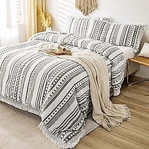 BEDLORE Boho Comforter Set Full/Queen Size, Tufted Gray and White Striped Ball Pom Pom Bedding Set with Tassel Fringe, Farmhouse Shabby Chic Bed Comforter with 2 Pillowshams for All Seasons