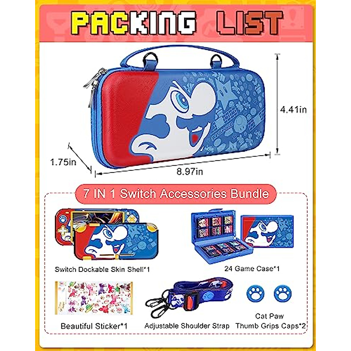 Xinocy for Nintendo Switch Lite 7 in 1 Storage Accessories Kit with Travel Carrying Case+Switch Lite Protective Cover+Game Case Holder+Strap+Sticker+2 Thumb Caps Cute Shell for Boys Kids Girls -Blue