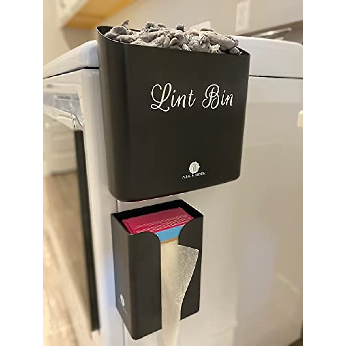 A.J.A. & MORE Lint Holder Bin and Dryer Sheet Dispenser Magnetic for Laundry Room Organization (Matte Black)
