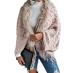 MakeMeChic Women's Textured Knit Fuzzy Trim Fringe Hem Open Front Cape Cardigan Light Pink one-size