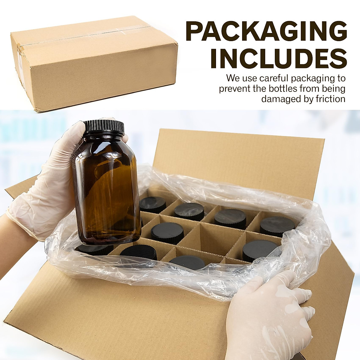 ALWSCI 250 ml 8 oz Amber Glass Wide Mouth Packer Bottle 45-400 Black Ribbed Cap, Diameter 64 mm x 119 mm, Pack of 24