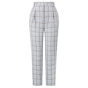 Women Pants Elastic Waist Plaid Pants with Pockets Medium