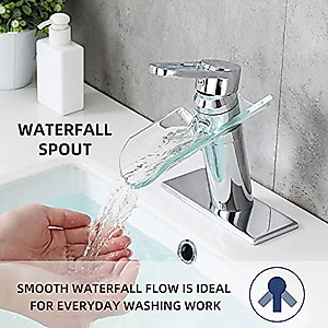 WINDALY Waterfall Bathroom Faucet, Single Hole Glass Spout Bathroom Faucet, Single Handle Solid Brass Bathroom Vanity Faucet with Deck Plate, Chrome (Glass)