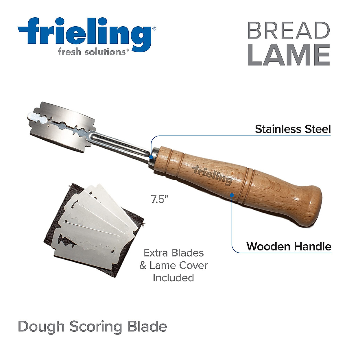 Frieling Bread Lame Dough Scoring Blade for Making Bread, Includes Extra Blades and Lame Cover, 7.5 Inch, Natural Wood Handle