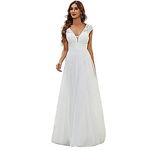 Ever-Pretty Women's Cap Sleeve Lace A-line V-Neck Long Evening Dress for Wedding Party White US8