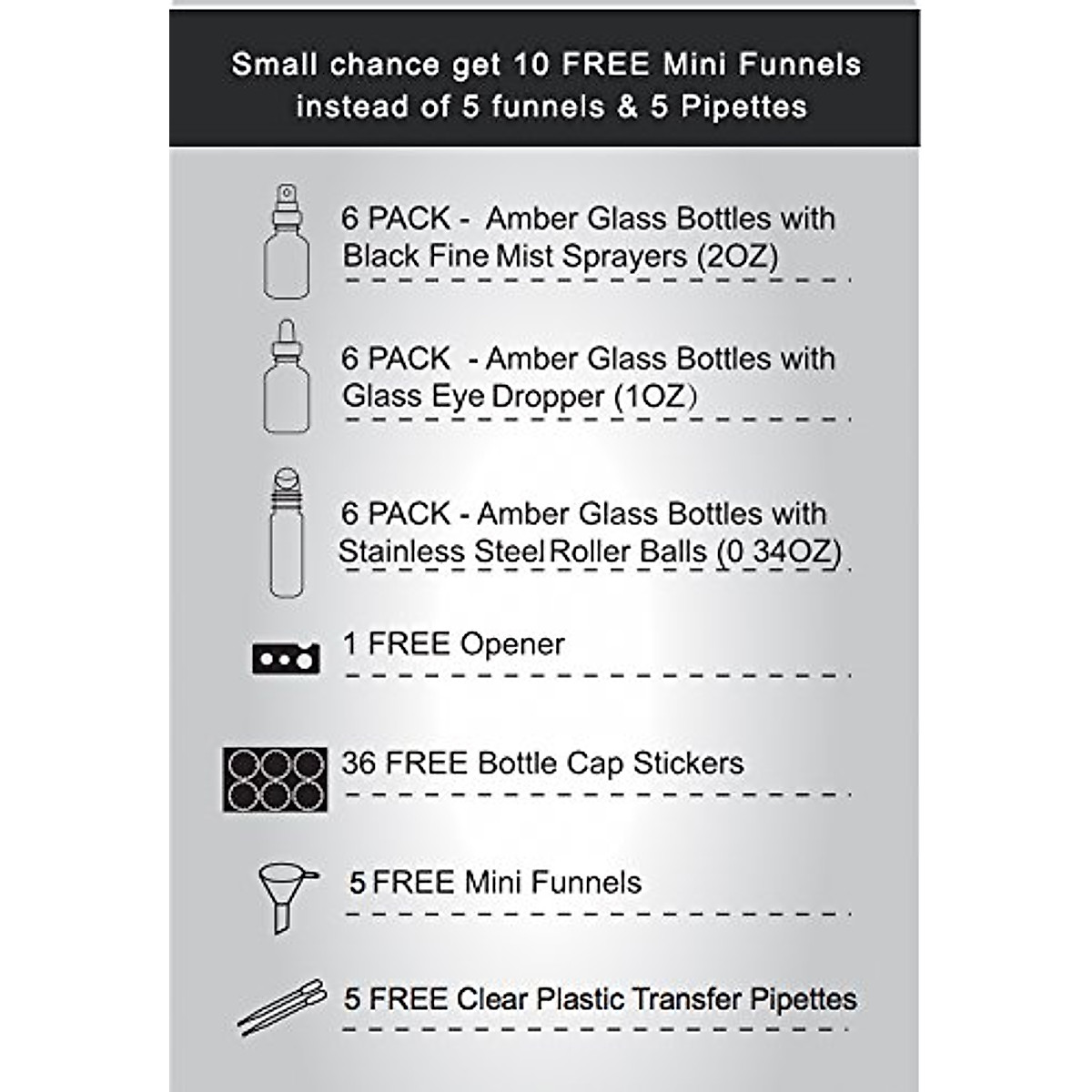 Youngever 18 Amber Glass Essential Oil Bottles Bundle, 6 Dropper Bottles (1 Ounce), 6 Spray Bottles (2 Ounce), 6 Stainless Steel Roller Bottles for Essential Oil (10 ml)