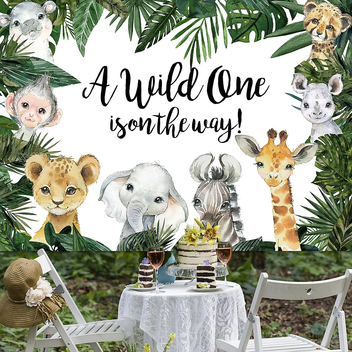 Mocsicka Safari Baby Shower Backdrop Jungle Animals Background Tropical Zoo Animals Party Cake Table Decoration Photo Booth Props (7x5ft)