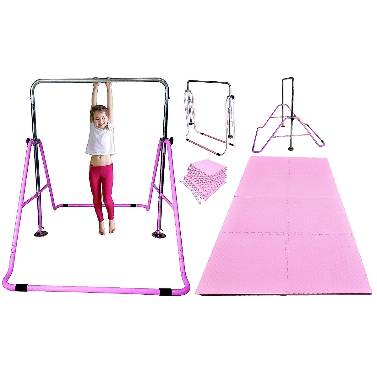 Gymnastics Bar for Kids Horizontal Kip Bar Jungle Gym with 8'x'4 EVA Puzzle Mat, Junior Training Monkey Bars Home Gym Adjustable Height Expandable Junior Training Bar Indoor Foldable (Pink)