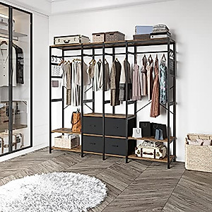 6ft Tall Walk In Closet Organizers And Storage System Heavy Duty Metal Closet Organizer With Parallel Bars, Shelves, Drawers And Clothes Hooks for Bedroom, Wardrobe Storage Rack Black & Walnut Brown