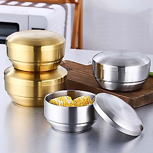 WDXIN Korean Stainless Steel Rice Bowl Traditional Metal Insulated Ramen Bowl with Lid,Round & Unbreakable Bibimbap Bowls(L-With lid,gold)