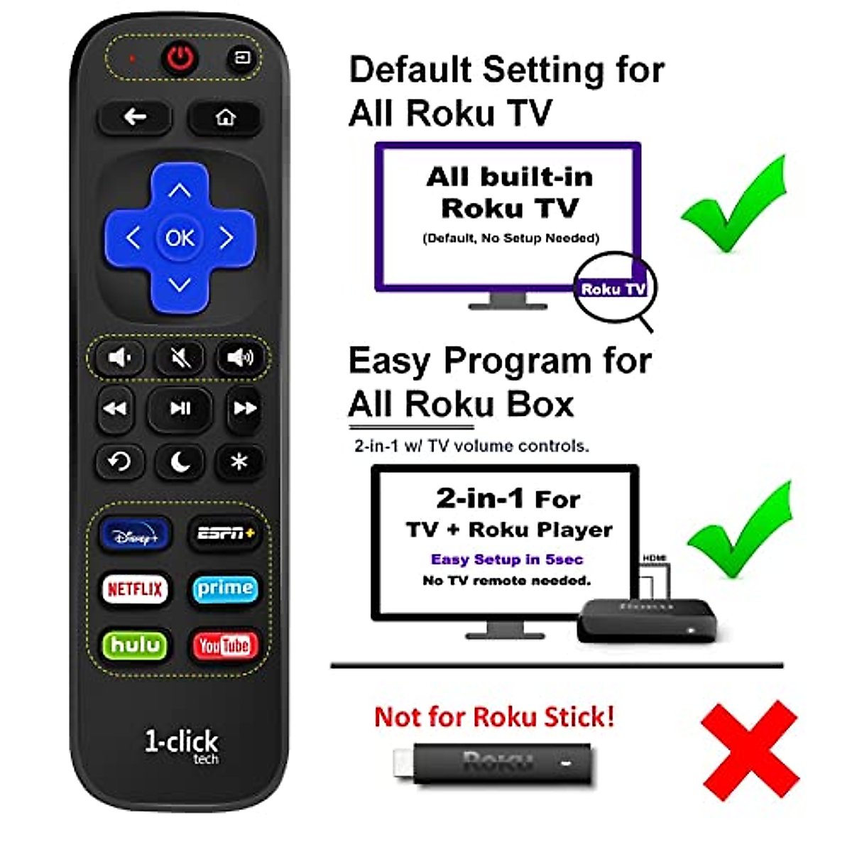 1-clicktech Remote for Roku TV, Compatible for TCL HISENSE ONN Sharp Hitachi Element Westinghouse LG Sanyo JVC Magnavox - All Built-in Roku TV [Not for Roku Stick]