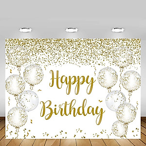 MEHOFOND 10x7ft White Gold Balloons Birthday Party Backdrop Confetti Balloons Gold Glitter Spots Girl Princess Bday Background Decoration Supplies Photo Booth Props