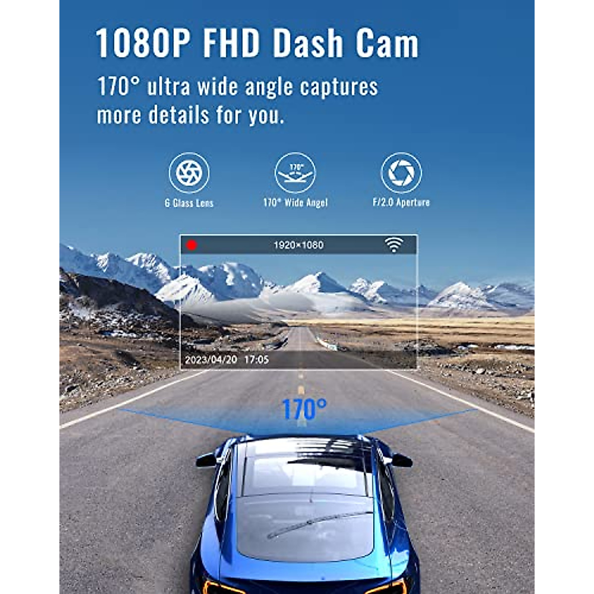 Dash Cam,1080P WiFi Dash Camera for Cars,Dash cam Front with App,Car Camera with Night Vision,170° Wide Angle WDR,24 Hours Parking Mode,G-Sensor,Loop Recording,Support 128GB Max-Hardwiring kit