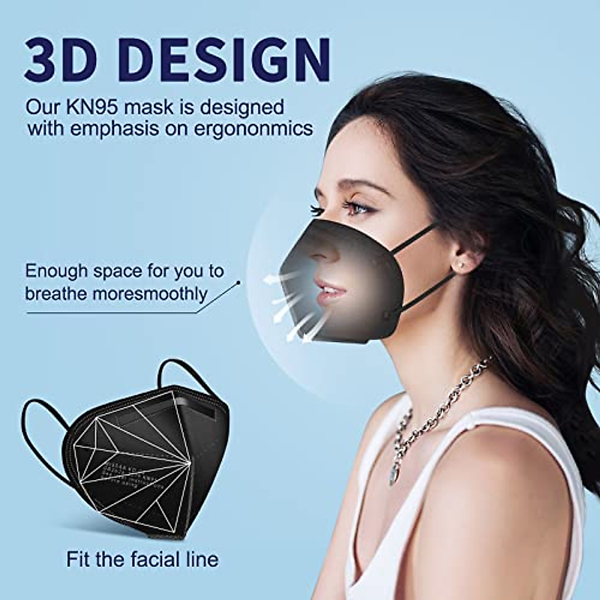 MISSAA KN95 Face Masks 60 Pack, 5-Ply Breathable & Comfortable Cup Dust Safety Mask, Black KN95 Mask, Protection Masks Against PM2.5 for Adult Women and Men