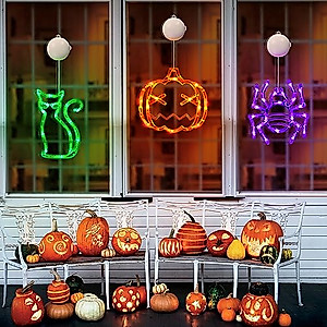Halloween Lights Window Decorations 3 Pack Orange Pumpkin Purple Spider Green Cat Battery Operated Halloween Window Light with Suction Cup, Cute Halloween Decorations Indoor Home Room Door Party Decor