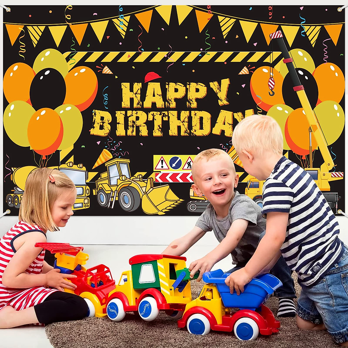 Construction Happy Birthday Banner Large Dump Truck Backdrop Excavator Crane Digger Background Party Supplies for Boys Kids Construction Baby Shower Birthday Party Decoration