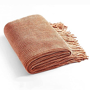 Blagic Knitted Throw Blanket for Couch Soft Farmhouse Boho Throw Blanket with Tassels Home Decorative Lightweight Throw Blankets,Maple Brown Throws for Bed/Chair/Sofa, Stripe Textured,50" W x 60" L