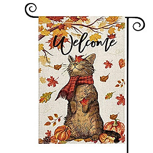 AVOIN colorlife Fall Cat Welcome Garden Flag Double Sided, Maple Leaves Pumpkin Autumn Thanksgiving Holiday Yard Outdoor Decoration 12x18 Inch