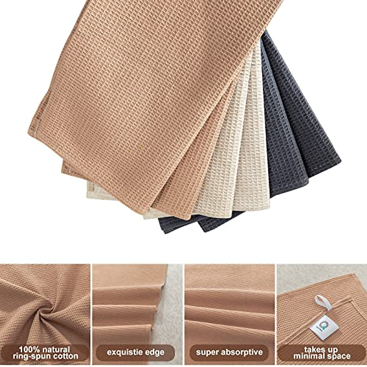 QUILTINA Cotton Waffle Weave Dish Towels Set, 17 x 25 Inches, 6 Pack, Beige, Brown, Dark Grey