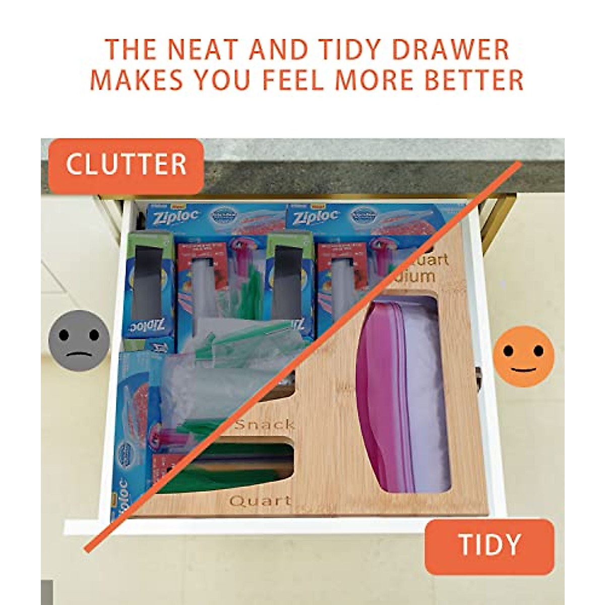 Bamboo Ziploc Bag Organizer - 5 Slots Wall Mount Zip Lock Baggie Storage Organizer for Drawer Kitchen - Compatible With Ziploc | Solimo | Glad | Hefty For Gallon | Quart | Sandwich | Snack Size Bags