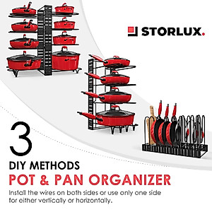 STORLUX Pot and Pan Organizer for Cabinet, Adjustable 8 Non-Slip Tiers Pot Rack with 3 DIY Methods, Kitchen Cabinet Organizer for Pots and Pans, Black Steel Cookware Organizer (UPGRADED)