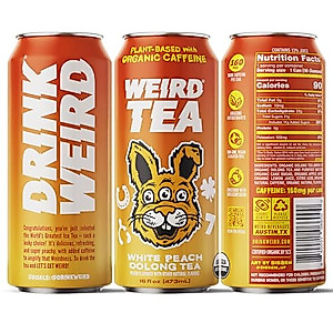 Drink Weird - Weird Tea, White Peach Oolong Tea, Certified Organic Functional Iced Tea with 160mg of Natural Caffeine, 12 Pack of 16oz Cans