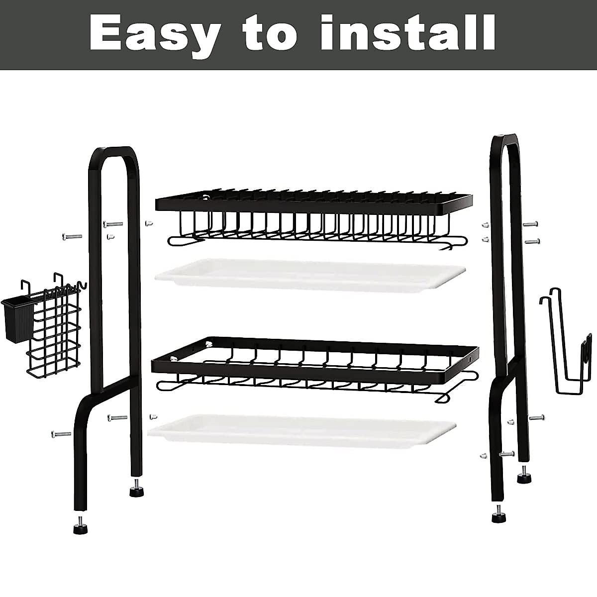 Dish Drying Rack, Rustproof 2-Tier Dish Rack -Multifunctional Dish Rack with Utensil Holder, Cutting Board Holder and Dish Drainer for Kitchen Counter (Black)