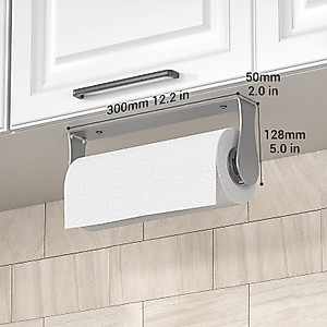 Swaitee Paper Towel Holder, One Hand Tear Paper Towel Holder Under Cabinet with Ring Spring, Stainless Steel Paper Holder Rack Adhesive or Wall Mount for Kitchen Bathroom