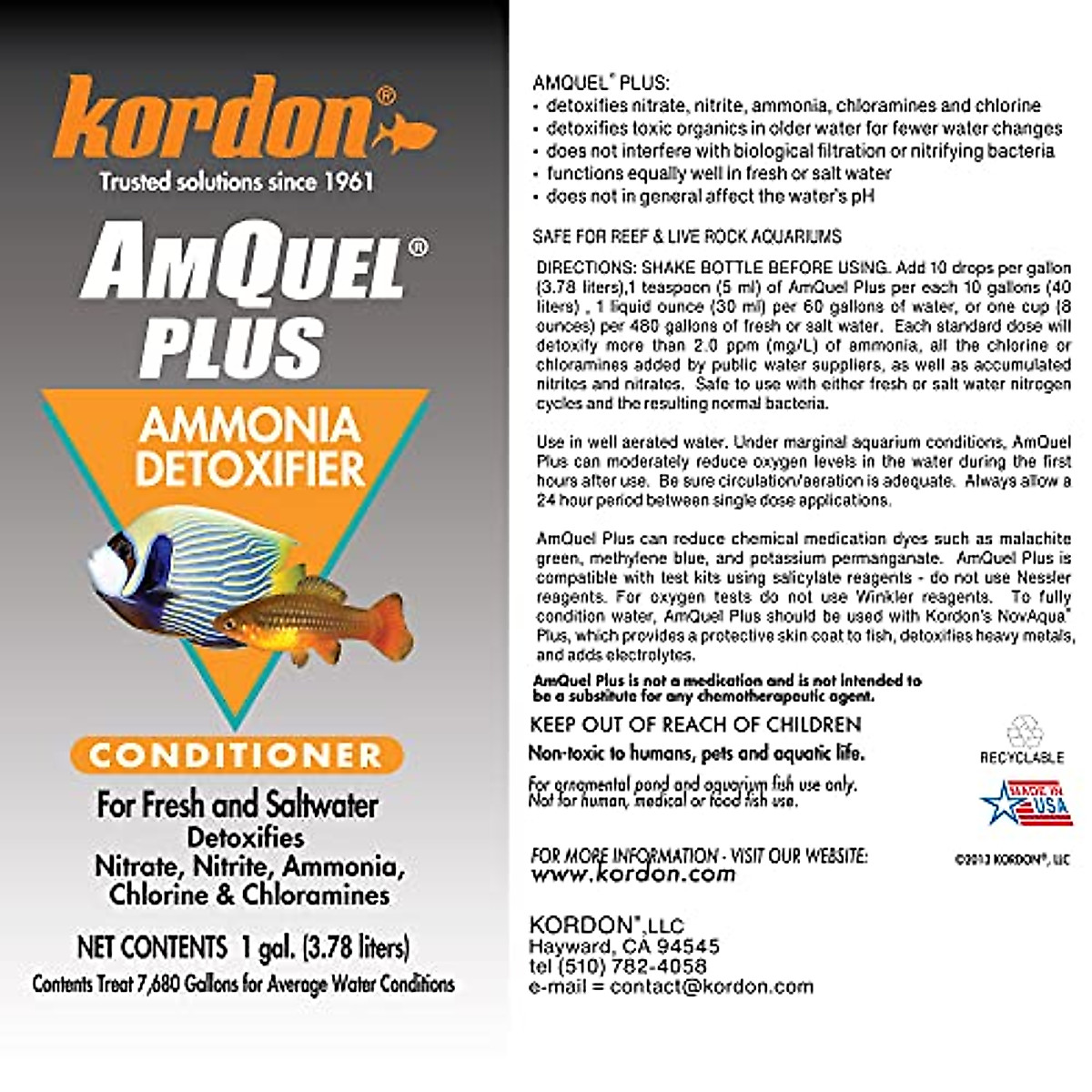 Kordon Amquel Plus Aquarium Water Conditioner - Instantly Detoxifies Ammonia, Nitrite, Nitrate, and Chlorine Remover for Freshwater & Saltwater Aquariums, 1 Gallon