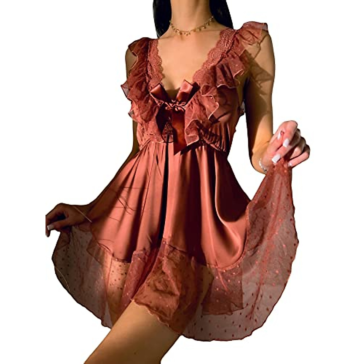 Milumia Women's Satin Lace Chemise Nightgown Bow Tie Ruffle Swiss Dots Lingerie Dress Sleepwear Rust Brown Small