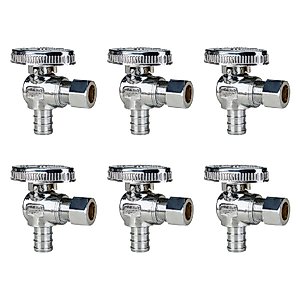 SUNGATOR 6-Pack Angle Stop Valve, 1/2" PEX x 3/8" OD Compression, Quarter Turn Chrome Plated, 1/2 inch Pex Shut Off Valves for Faucet and Toilet, UPC Certified