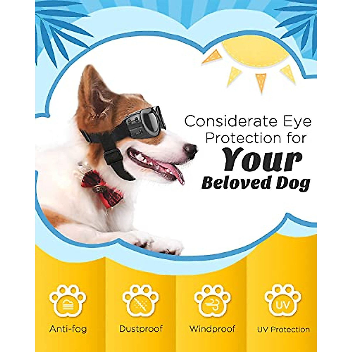 Lewondr Dog Sunglasses Small Breed Dogs Goggles UV Protection,Goggles for Small Dogs Eye Wear Protection with Adjustable Strap Windproof Anti-Fog Sunglasses for Small Dogs Doggy Doggie Glasses,Black