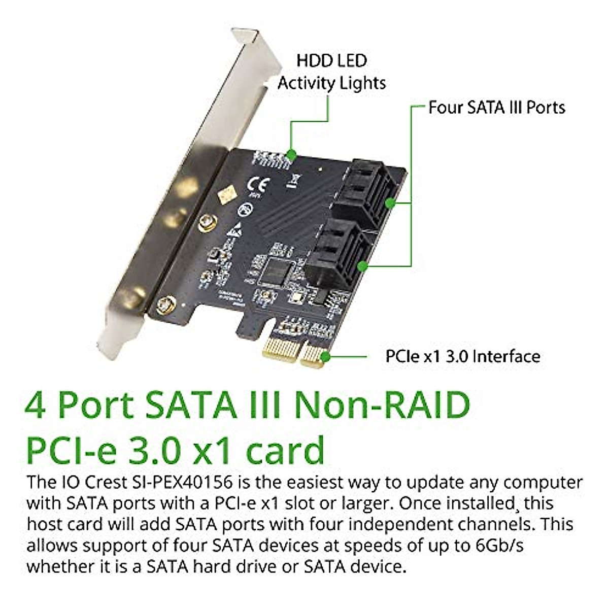IO Crest 4 Port SATA III Expansion Card with Low Profile Bracket - 6Gbps SATA 3.0 Controller PCI Express x1 ASMedia 1064 for Windows10/8/7/XP/Vista/Linux