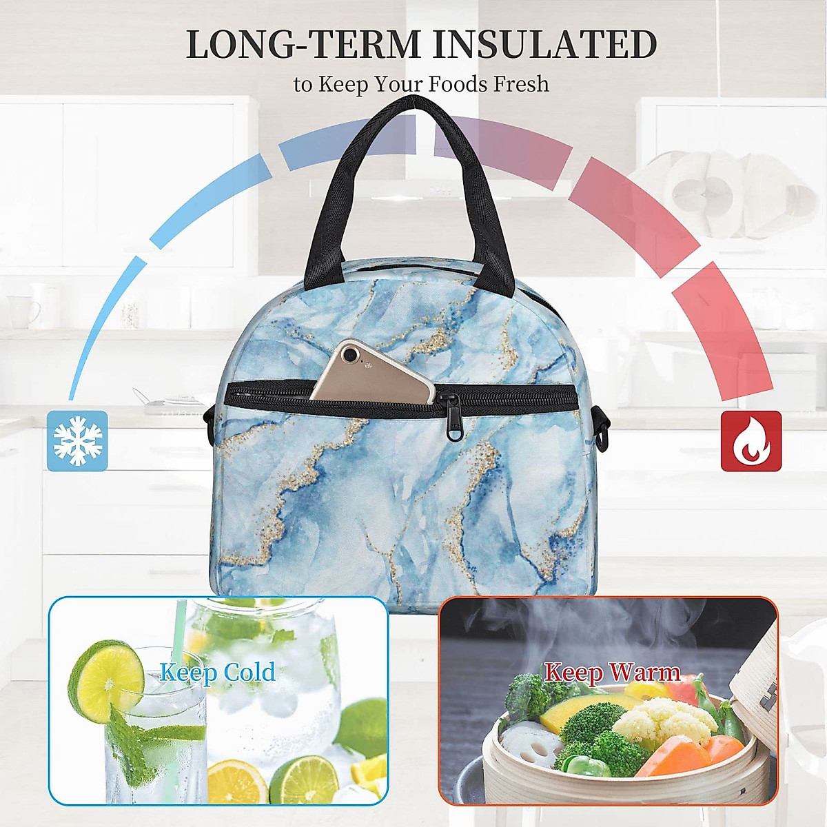 Blue Marble With Gold Glitter Marbling Texture Lunch Bag Reusable Insulated Lunch Tote Bag Lunchbox Container With Adjustable Shoulder Strap For Office Work School Picnic Travel