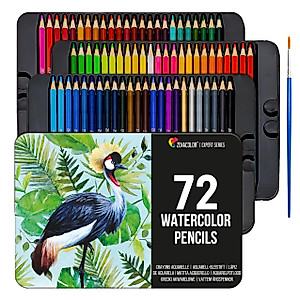 Zenacolor Professional Watercolor Pencils, Set of 72, Metal Box with Brush - Drawing Set for Coloring, Blending and Layering Books, Adult or Kids