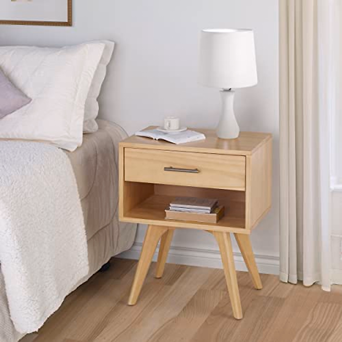 Mid Century Modern One Drawer Nightstand/Constructed of Solid Wood/Oak Finish