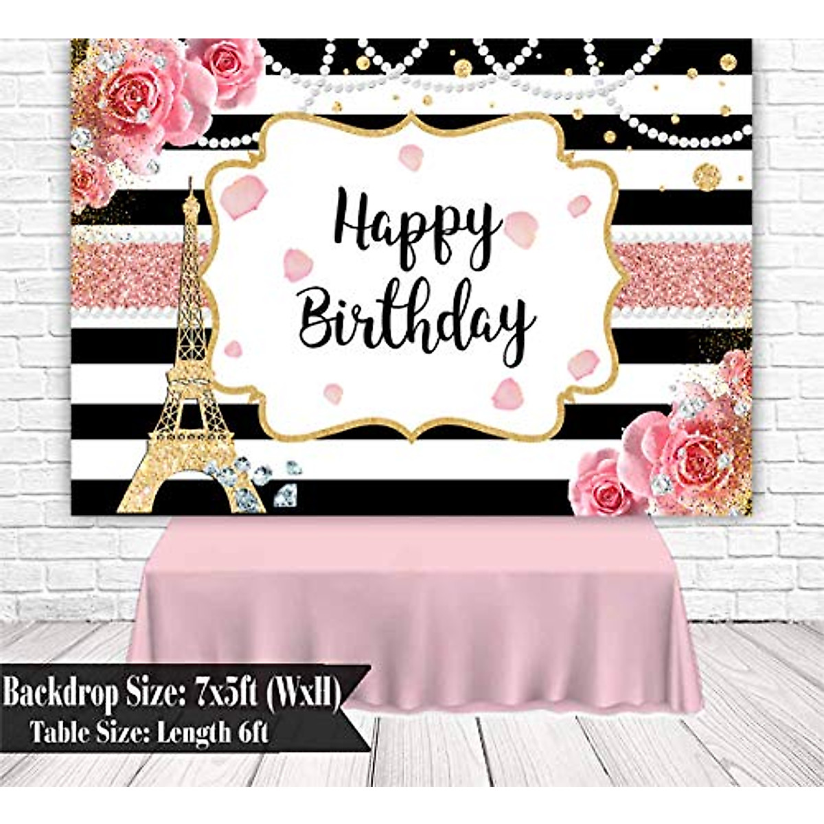 Sensfun Paris Birthday Backdrop Eiffel Tower French Theme Birthday Photo Background 7x5ft Pink Roses Ooh La La Black White Stripes Floral Happy Birthday Backdrops Decorations