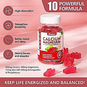 Calcium Magnesium Zinc with Vitamin D3 Gummies, Sugar Free Calcium Supplements for Women Men, High Absorption Zinc Gummies for Bone & Muscle & Immune Health, Vegan Raspberry Flavor - 120 Count