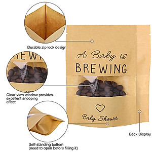 Whaline 50 Pack Kraft Paper Resealable Bags Coffee Baby Shower Favor Bags A Baby is Brewing Stand Up Pouches Bags with Window for Gender Reveal Party Donuts Goodie Candy Gifts Supplies, 3.9x5.9 Inch