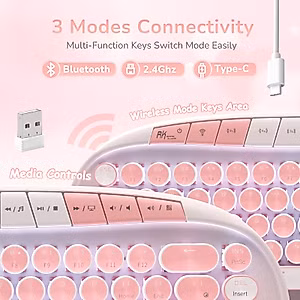 RK ROYAL KLUDGE RK838 Pink Wireless Keyboard, Retro Typewriter Keyboard BT/2.4G/Wired Mode, 75% RGB Hot Swappable Gaming Keyboard with Round Keys 10 Buttons, Pink Switches