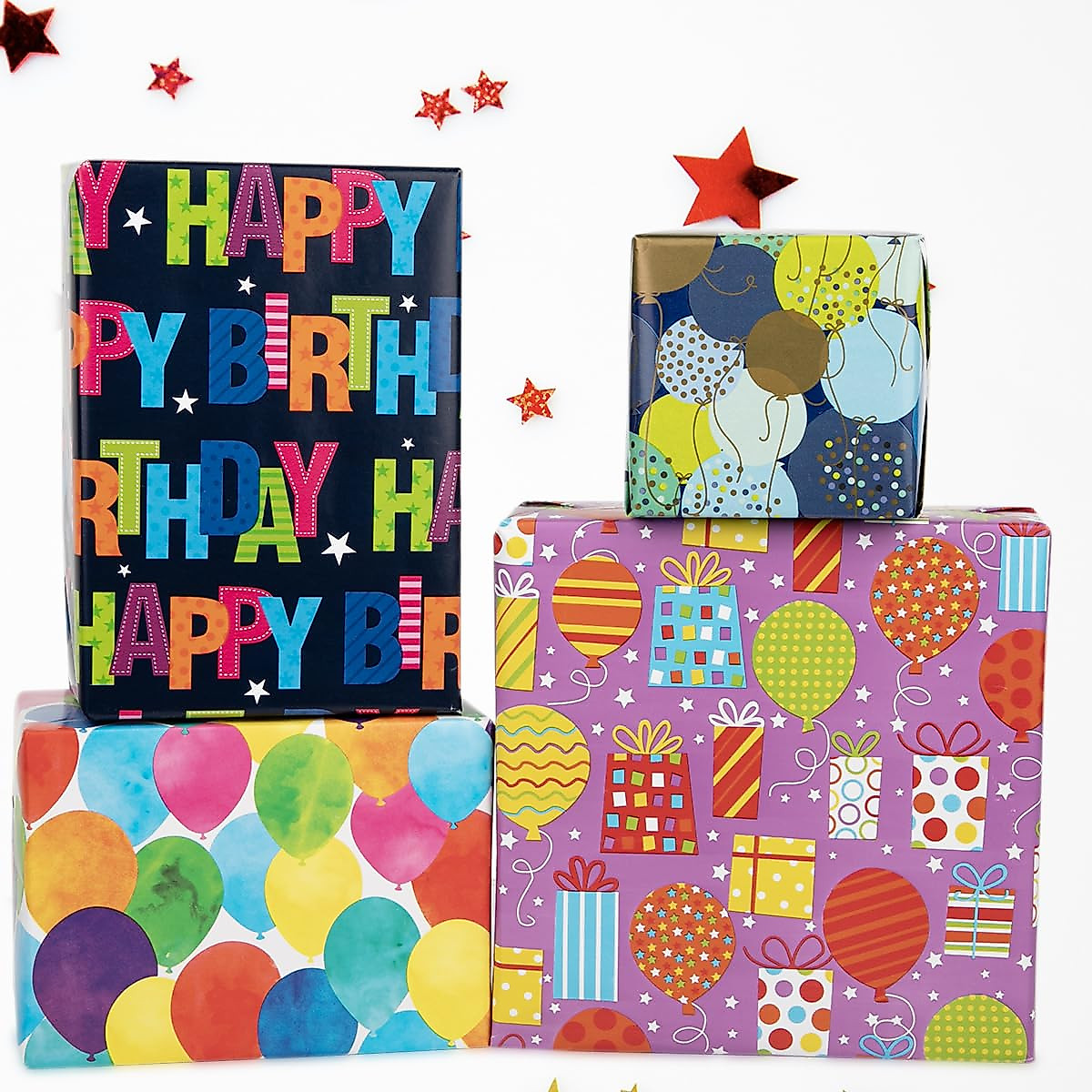 JUSTASHOW Birthday Wrapping Paper, 4 Rolls Happy Birthday Gift Wrap Papers, 17x118 Inches Per Roll Gift Wrapping Paper for Holiday, Party, Baby Shower