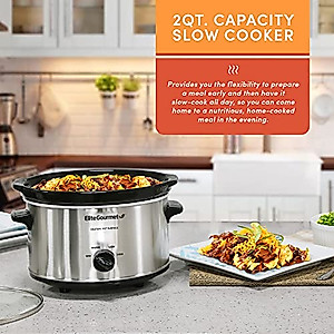 Elite Gourmet MST-275XS# Electric Oval Slow Cooker, Adjustable Temp, Entrees, Sauces, Stews & Dips, Dishwasher Safe Glass Lid & Crock (2 Quart, Stainless Steel)