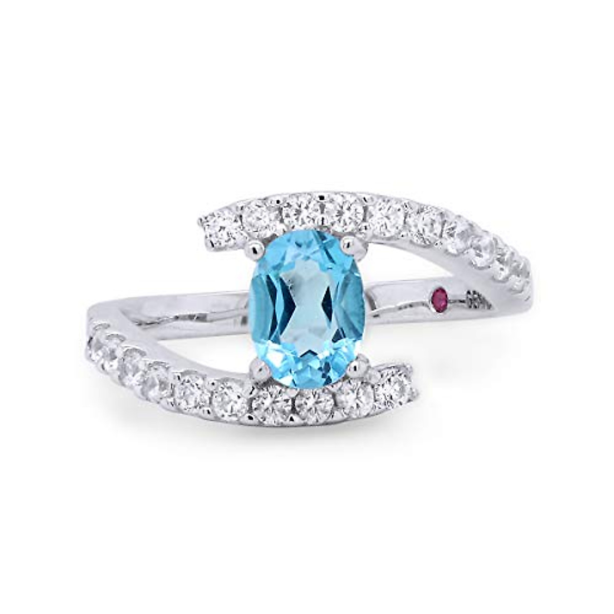GEMVIO Collection Bypass Design, 5X7MM Oval Blue Topaz Gemstone And Cubic Zirconia Promise Ring In 14k White Gold Over Sterling Silver Sterling Silver Engagement Wedding Ring For Womens Size-6