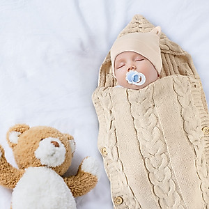 Newborn Baby Wrap Blanket Knit Sleeping Bag Receiving Blankets Stroller Wrap Newborn Baby Hat Bear Ears Infant Caps and Baby Mittens Gloves Gift for Christmas for 9-12 Months Boys Girls(Light Gray)